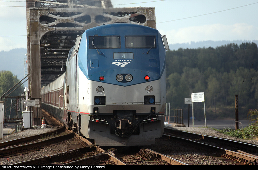 AMTK 4 Pushing Train 501 Into the BNSF (ex-SP&S) Columbia River Bridge